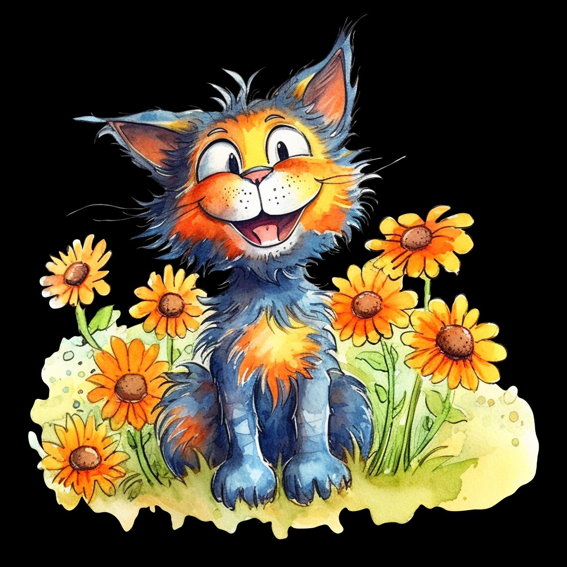 Summer PNG Cat Clipart: Funny Happy Cute Orange Cat in Daisies ...