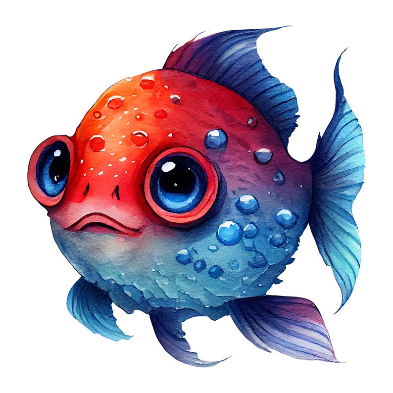 Fish PNG Colorful Funny Watercolor Drawing Set. Cute Fish Png Clipart ...