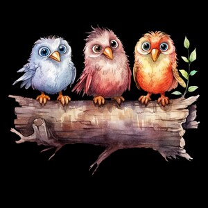 Watercolor Bird Clipart - Playful Chibi Birds Perched on an Old Tree ...