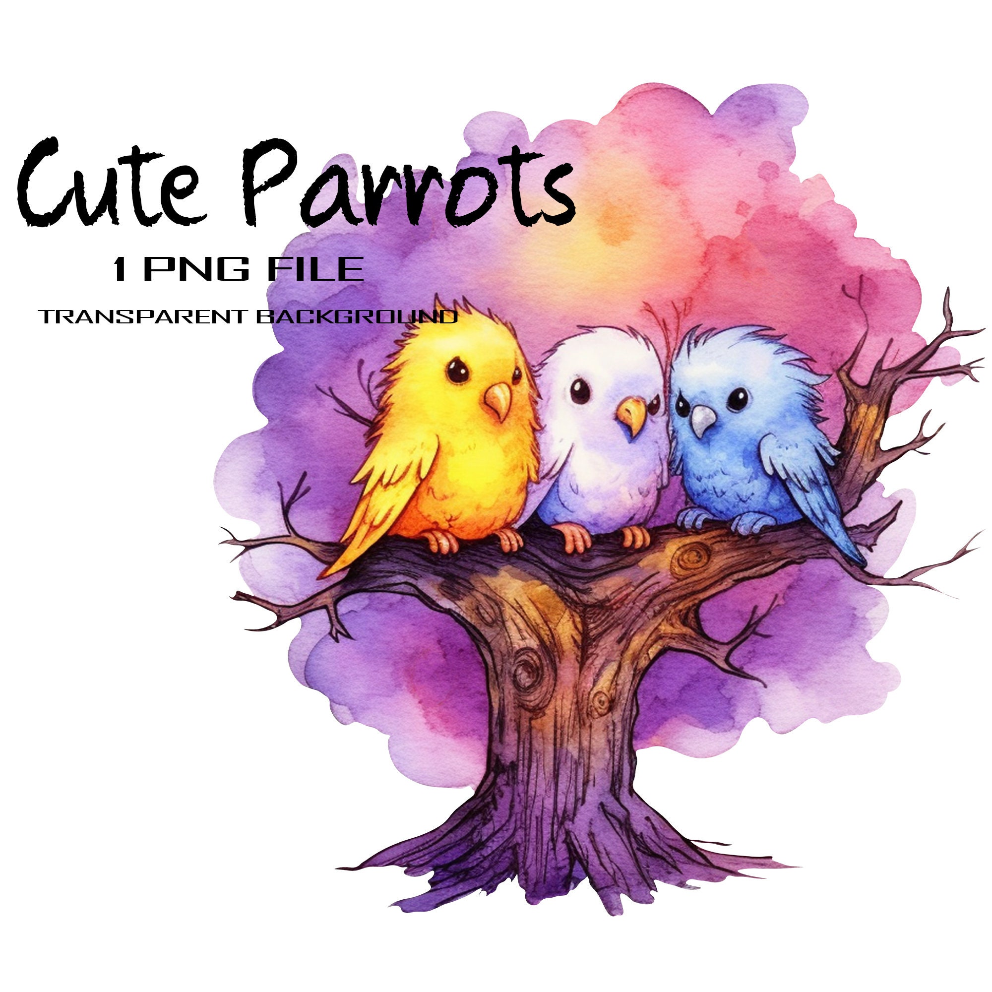 Cute Bird Clipart: PNG Chibi Parrots on Moon Tree Watercolor - Etsy
