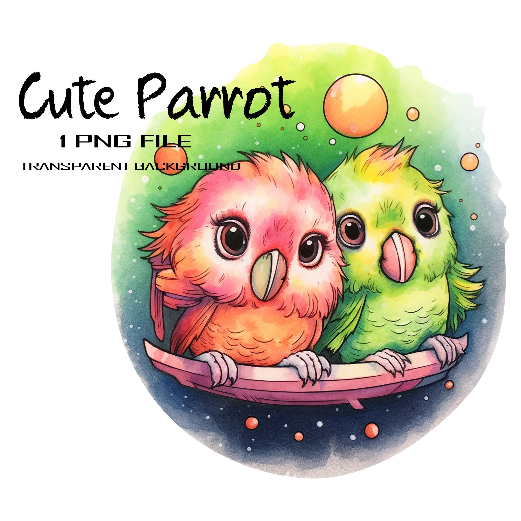 Cute Bird Watercolor Clipart: PNG Chibi Parrots Orange and Green Color ...