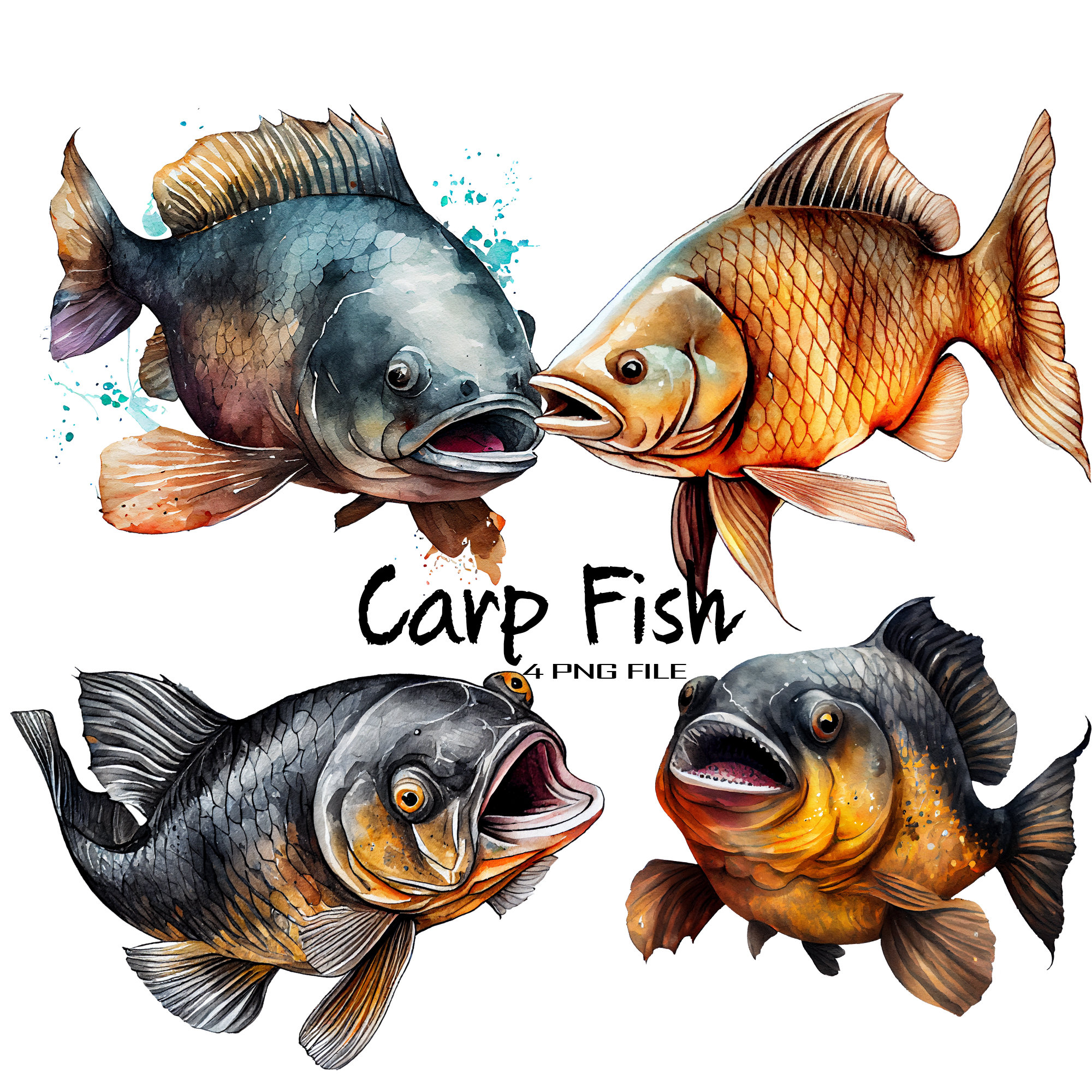 Carp Fish Watercolor Digital Art Clipart PNG File Set of 4 Carp Images ...