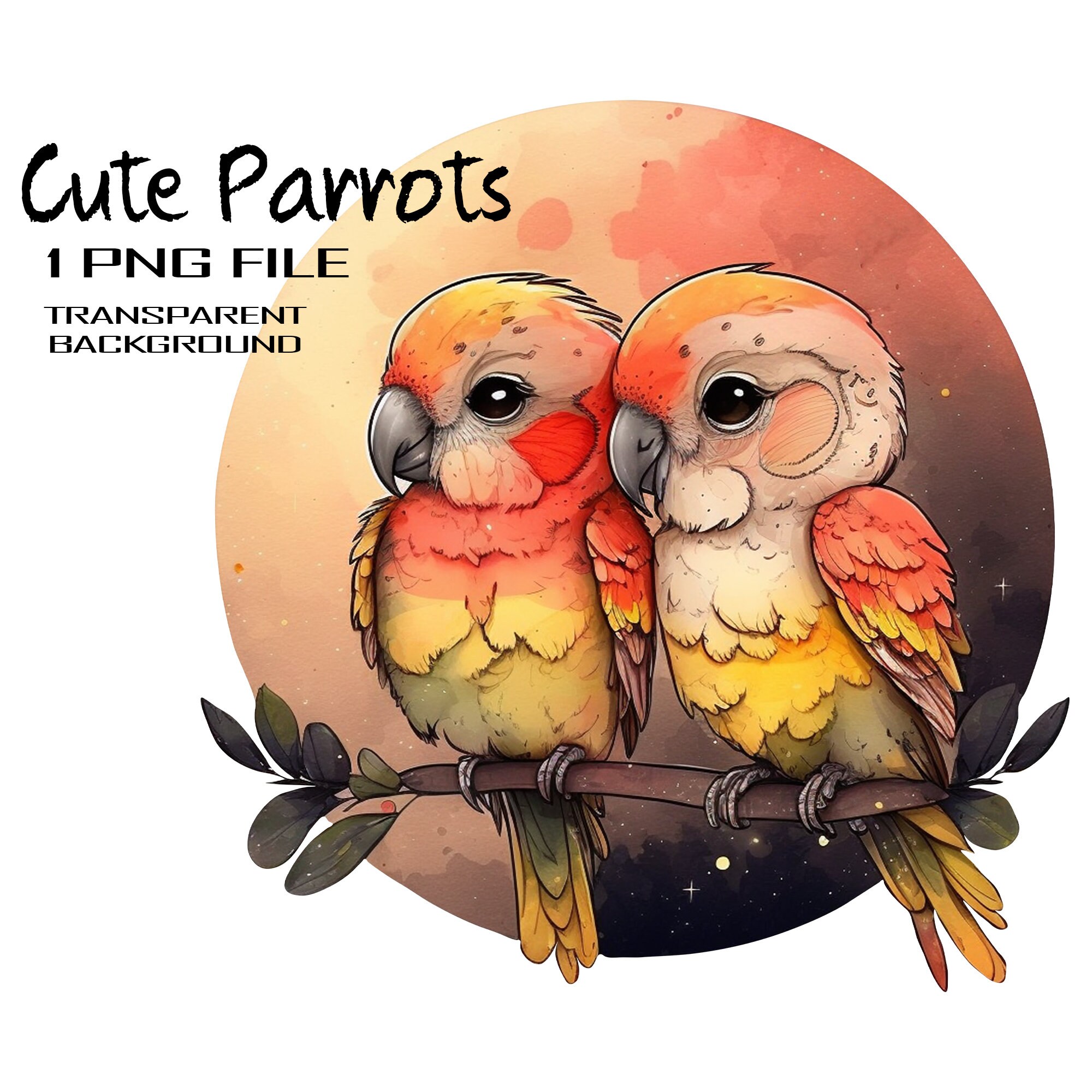 Cute Chibi Parrots on Gold-red Moon Light Watercolor Clipart - Etsy