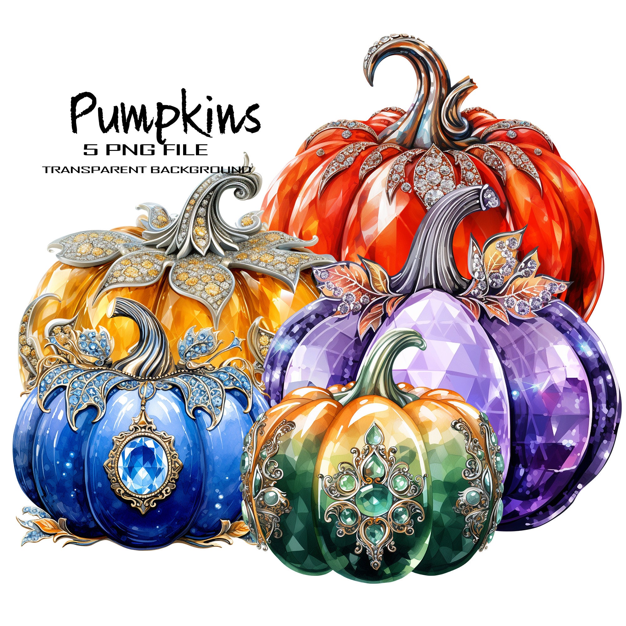 Colorful Watercolor Gemstone Pumpkins Clipart for Halloween Decoration ...