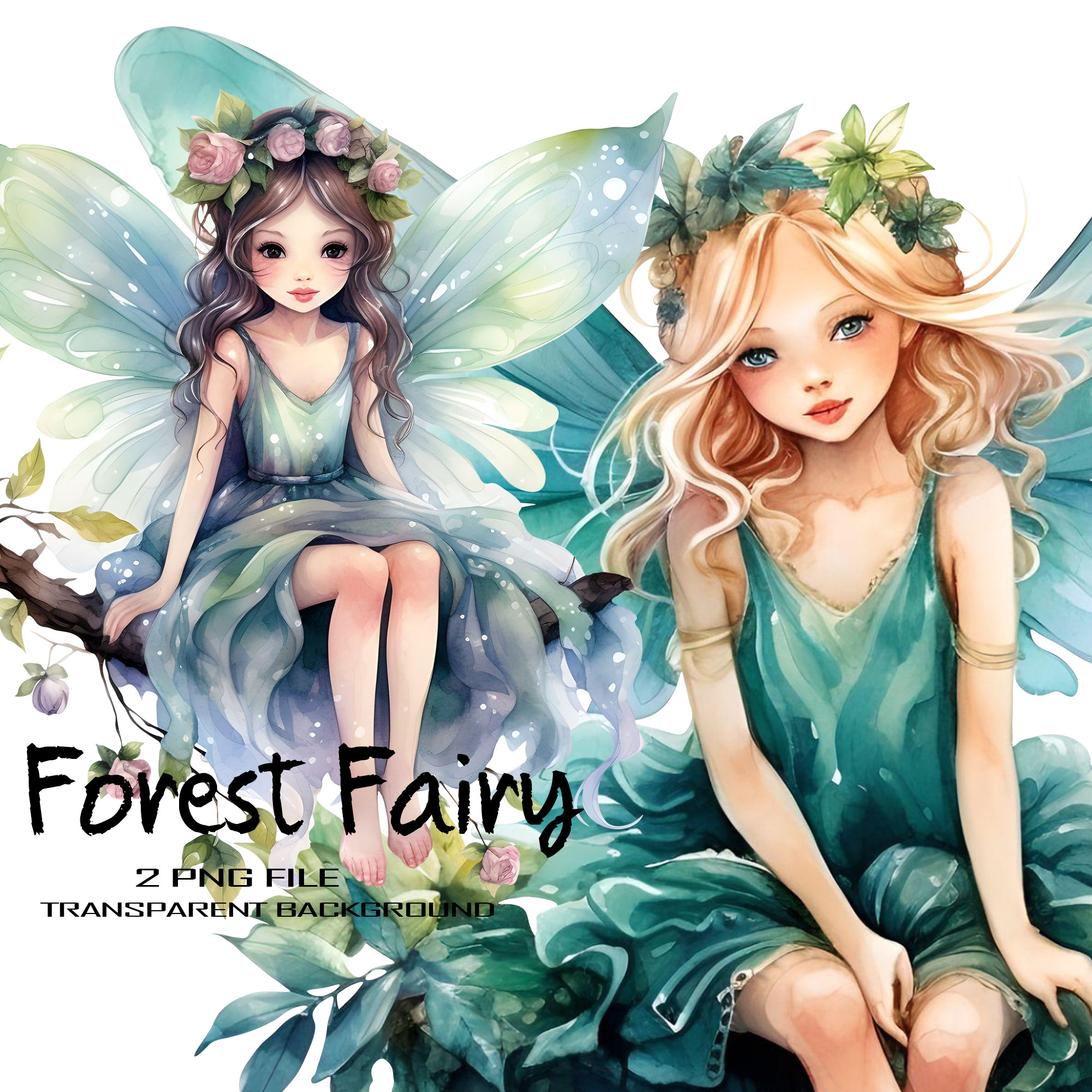 Forest Fairy Clipart, Watercolor PNG Image Set of 2 - Etsy