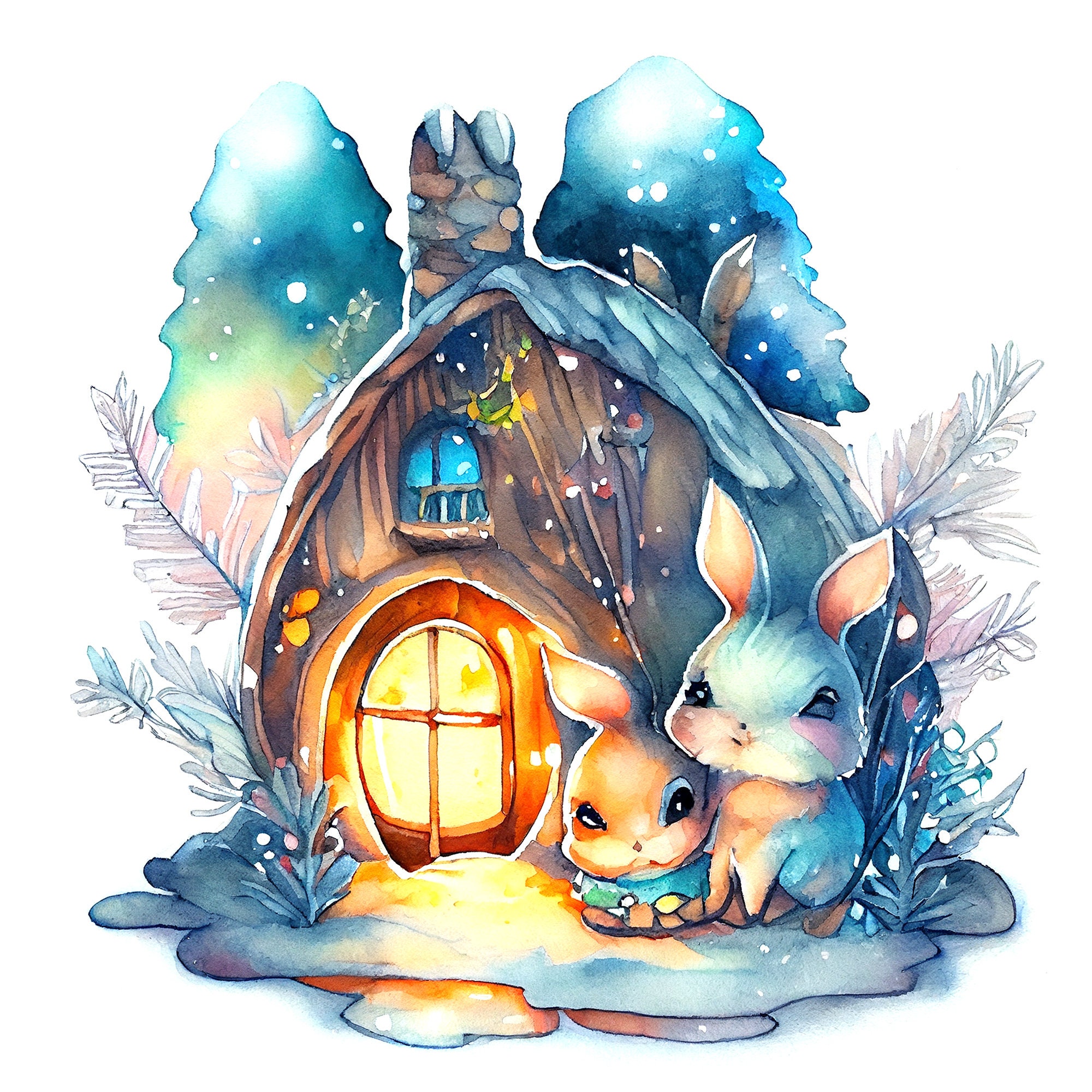 Cute Bunny Winter House Drawing Instant Download Jpg File - Etsy