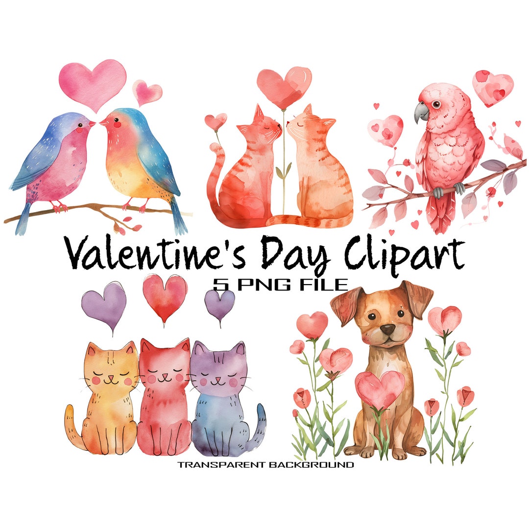 Valentine Watercolor Animals Clipart, Cute Heart PNG Images for Crafts ...
