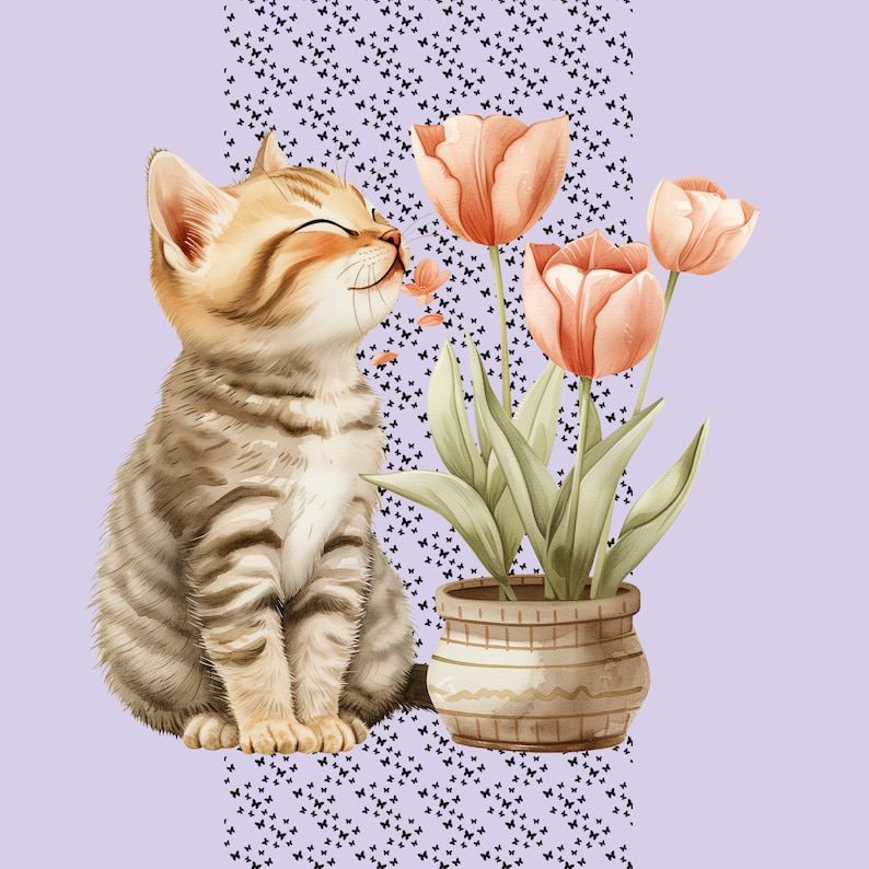 Cute Cat and Spring Flowers PNG Clipart With Transparent Background - Etsy