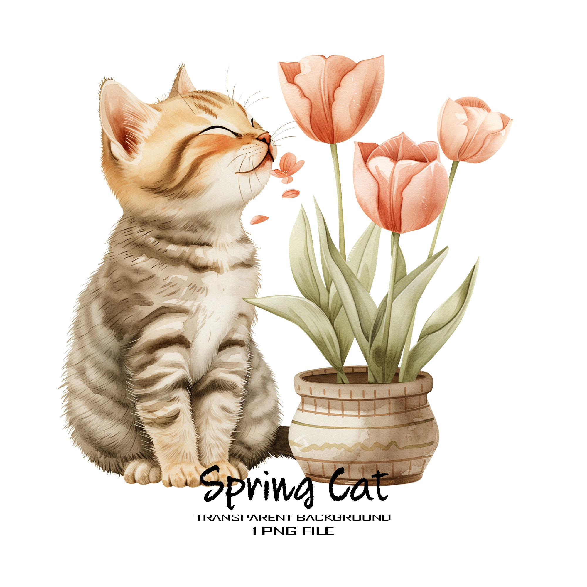 Cute Cat and Spring Flowers PNG Clipart With Transparent Background - Etsy