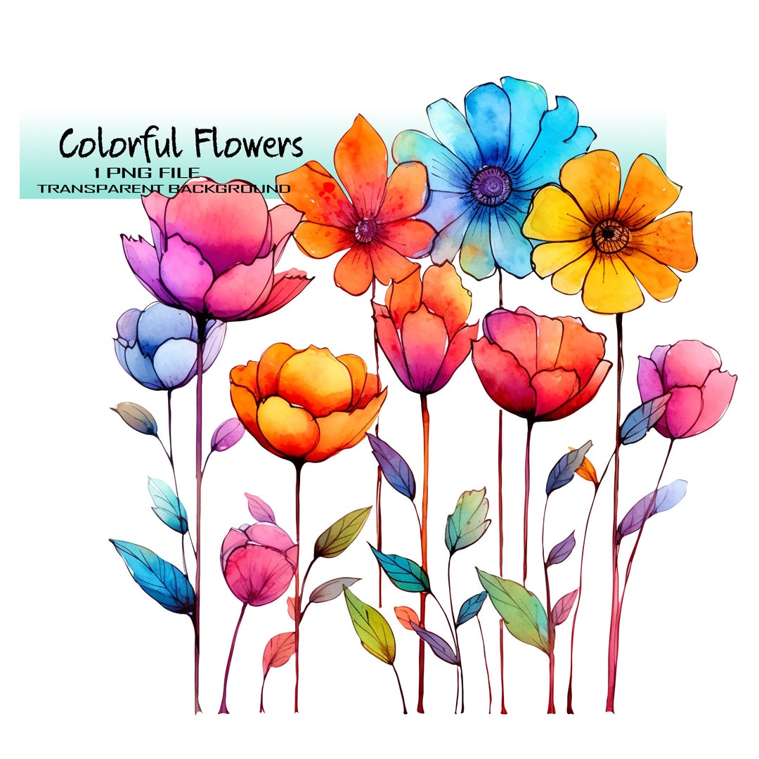 Colorful Watercolor Flowers Clipart: Funny and Cute Floral Cartoon ...