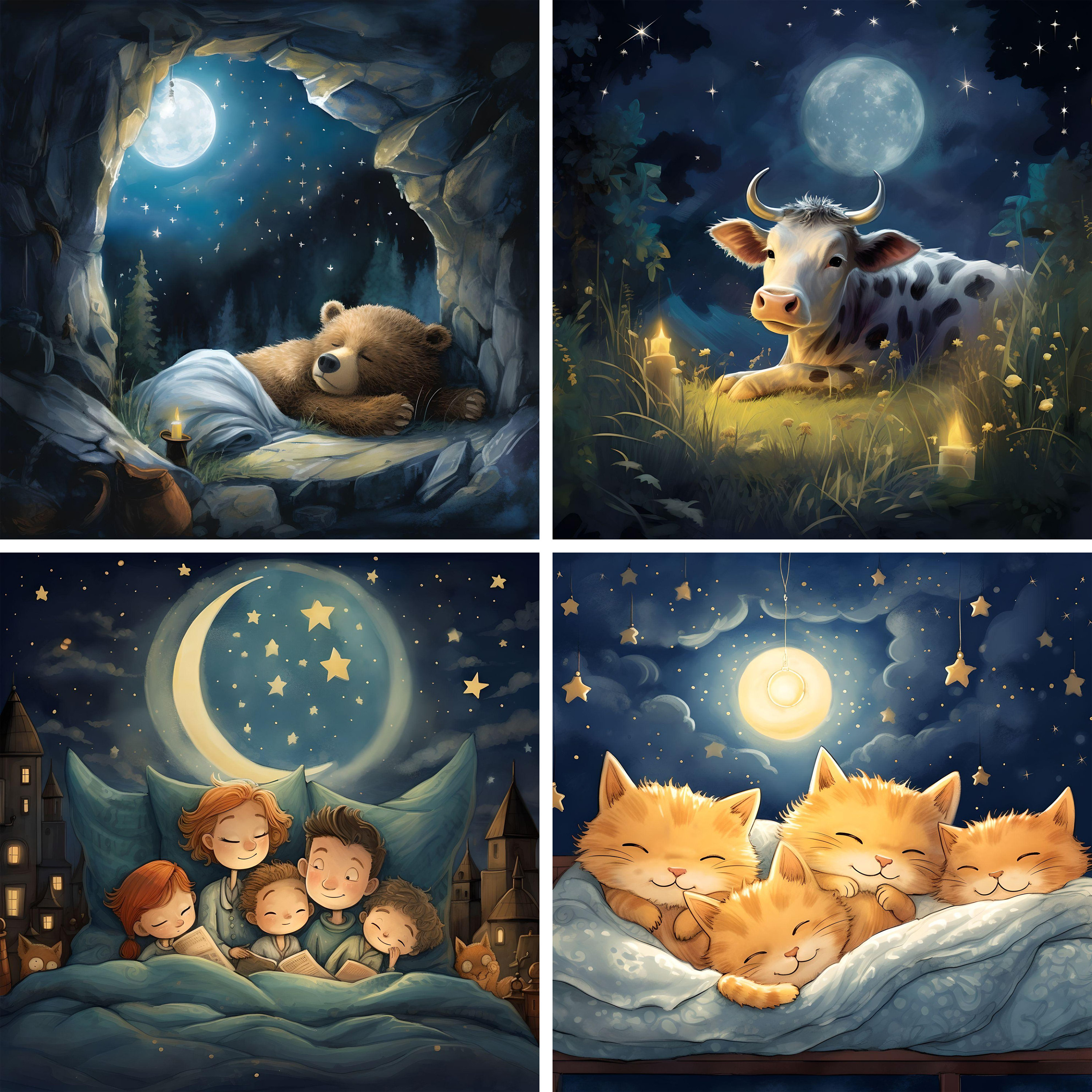 Kid Book Illustrations Set of Night Stories With Cute Animals - Etsy