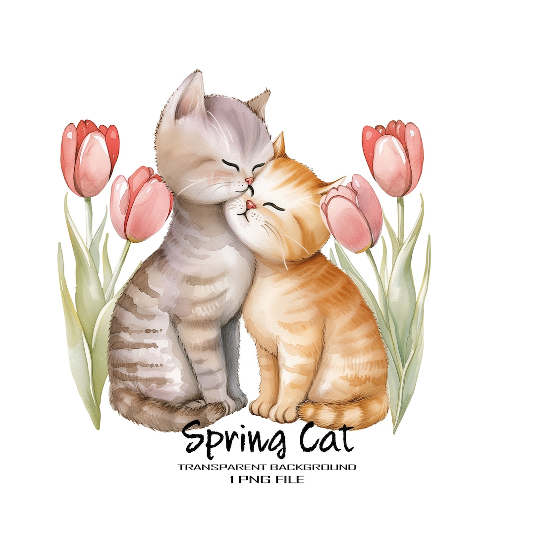 Cute Cats and Spring Flowers Clipart With Transparent Background - Etsy