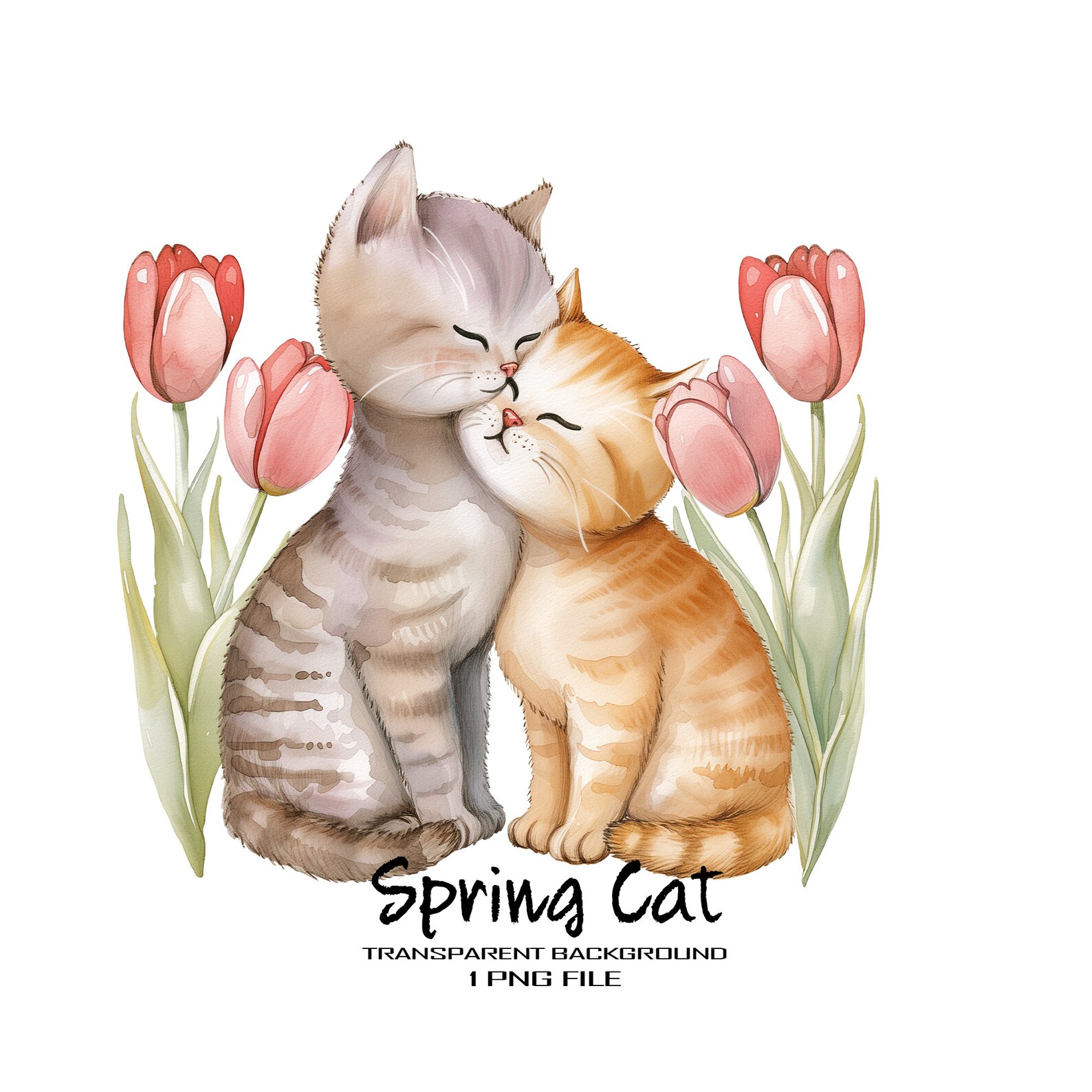 Cute Cats and Spring Flowers Clipart With Transparent Background - Etsy