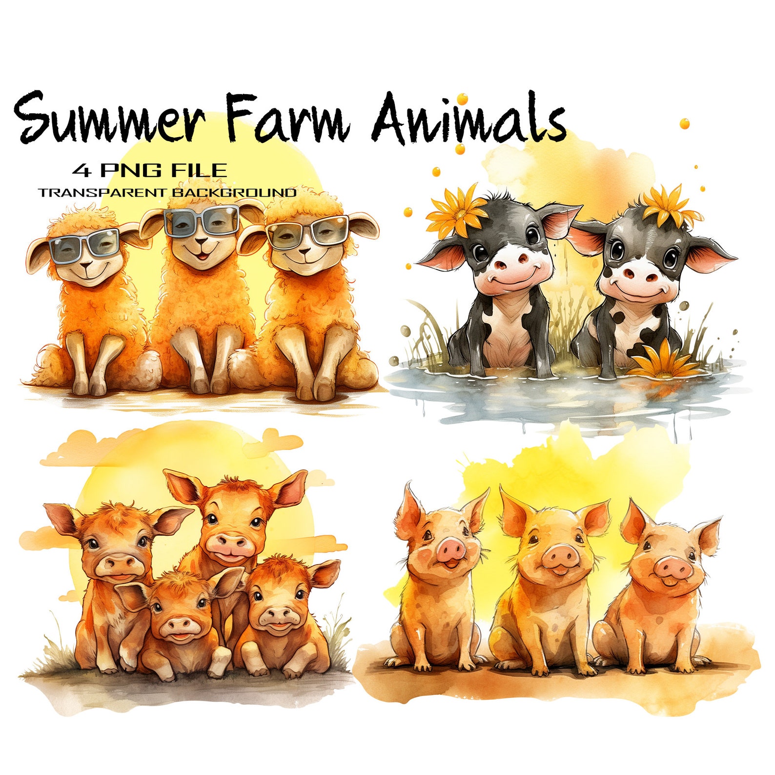 Animal Clipart Set of 4 Summer Time in a Farm Sheep, Little Cow, and ...