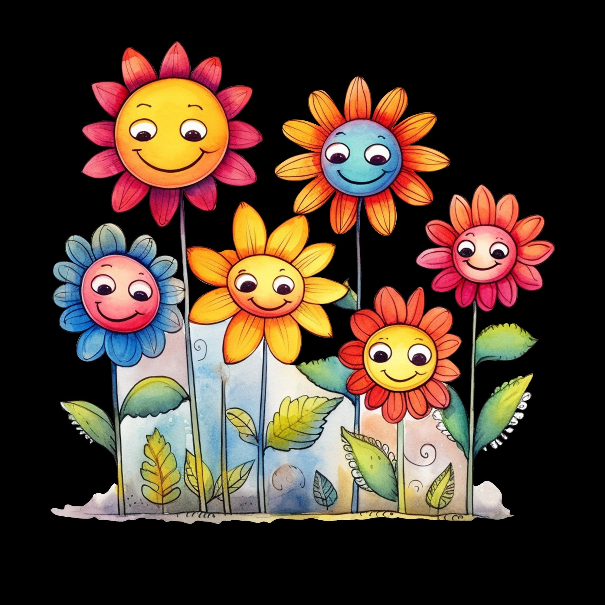 Vibrant Summer Blooms Watercolor Happy Flowers Clipart PNG File for ...