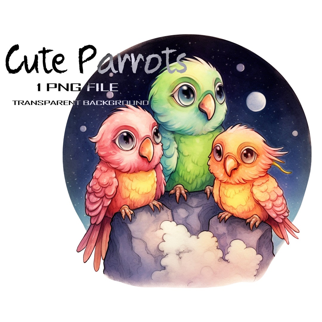 Adorable Cute Bird Clipart: Chibi Parrots in Green, Pink and Orange ...