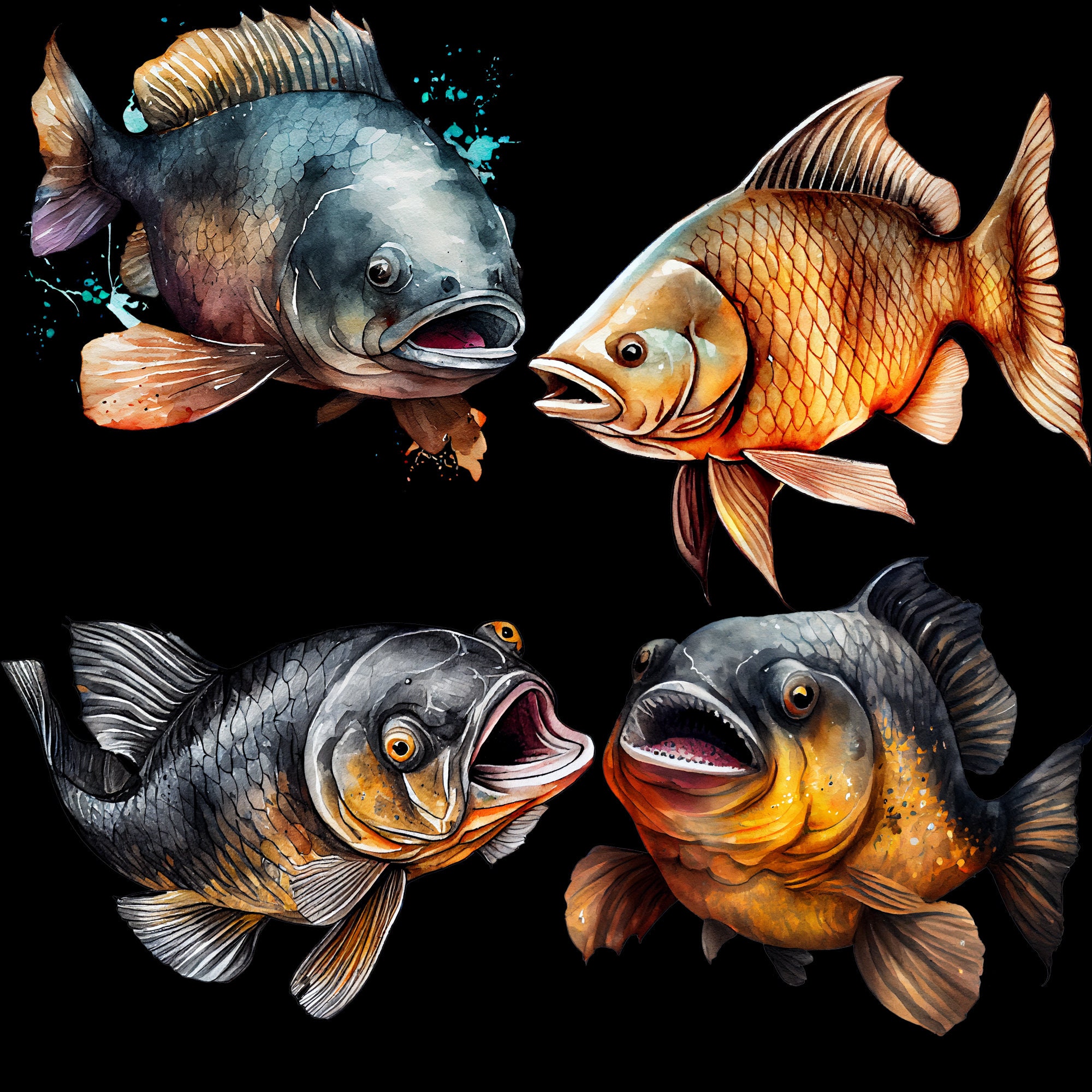 Carp Fish Watercolor Digital Art Clipart PNG File Set of 4 Carp Images ...