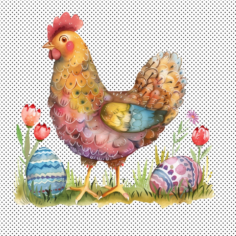 Easter Clipart, Chicken, Egg and Spring Flowers PNG, Digital Art ...