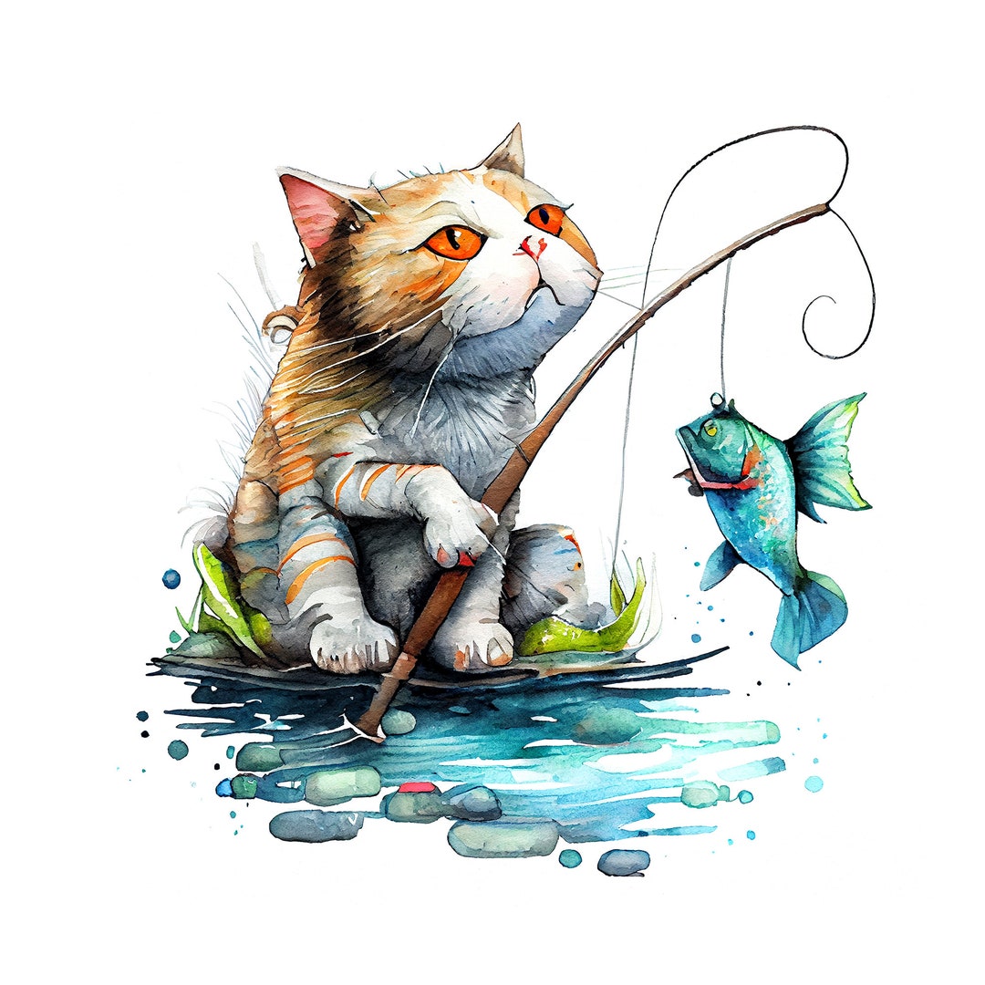 Funny Cat Fishing Big Fish Jpg Digital Instant Download File. Cute ...
