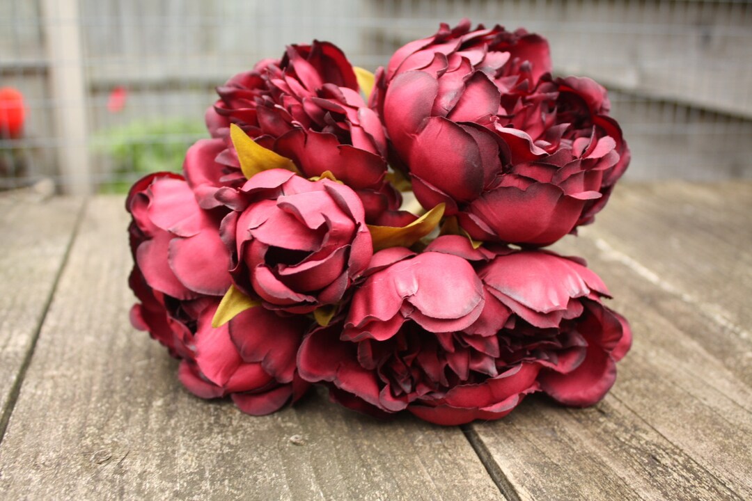 5 X Deep Burgundy / Bordeaux Red Silk Peony Flowers & Buds Tied Bunch ...