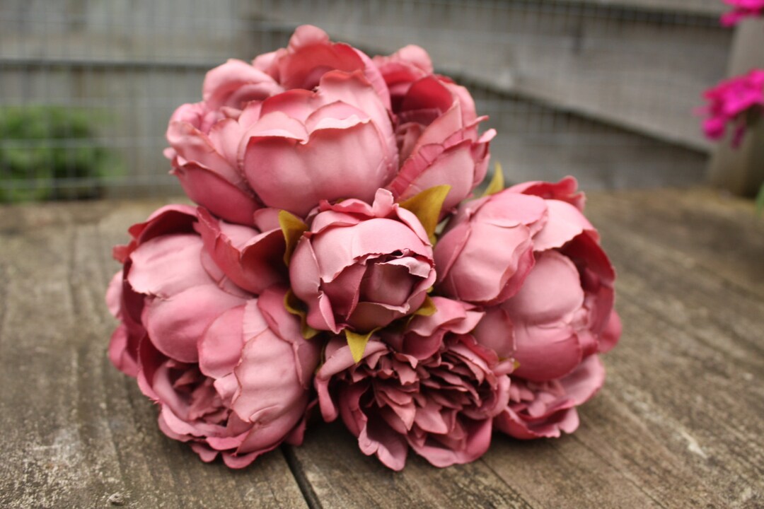 5 X Dusky Mauve Pink Silk Peony Flowers & Bud Tied Bunch / Small ...