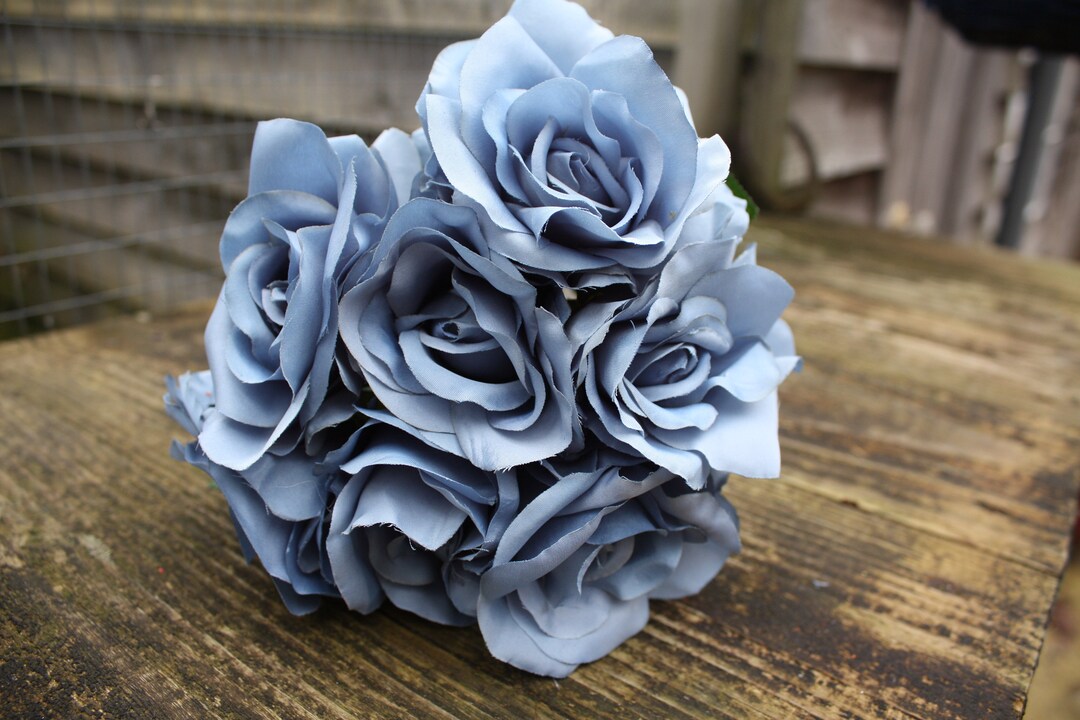 7 X Dusky French Blue Silk Roses 8cm Heads Tied Bunch on Individual ...