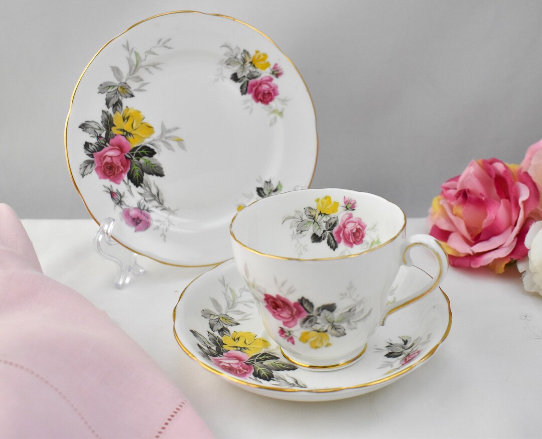 Vintage Adderly Pink and Yellow Rose Dessert Trio --- Tea Cup, Saucer ...