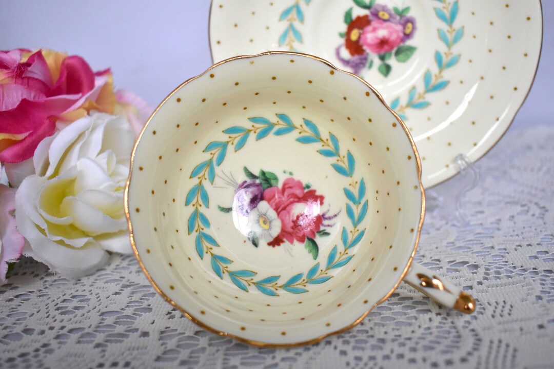 Vintage Paragon Hand Painted Polka Dot Tea Cup and Saucer Floral Pale ...