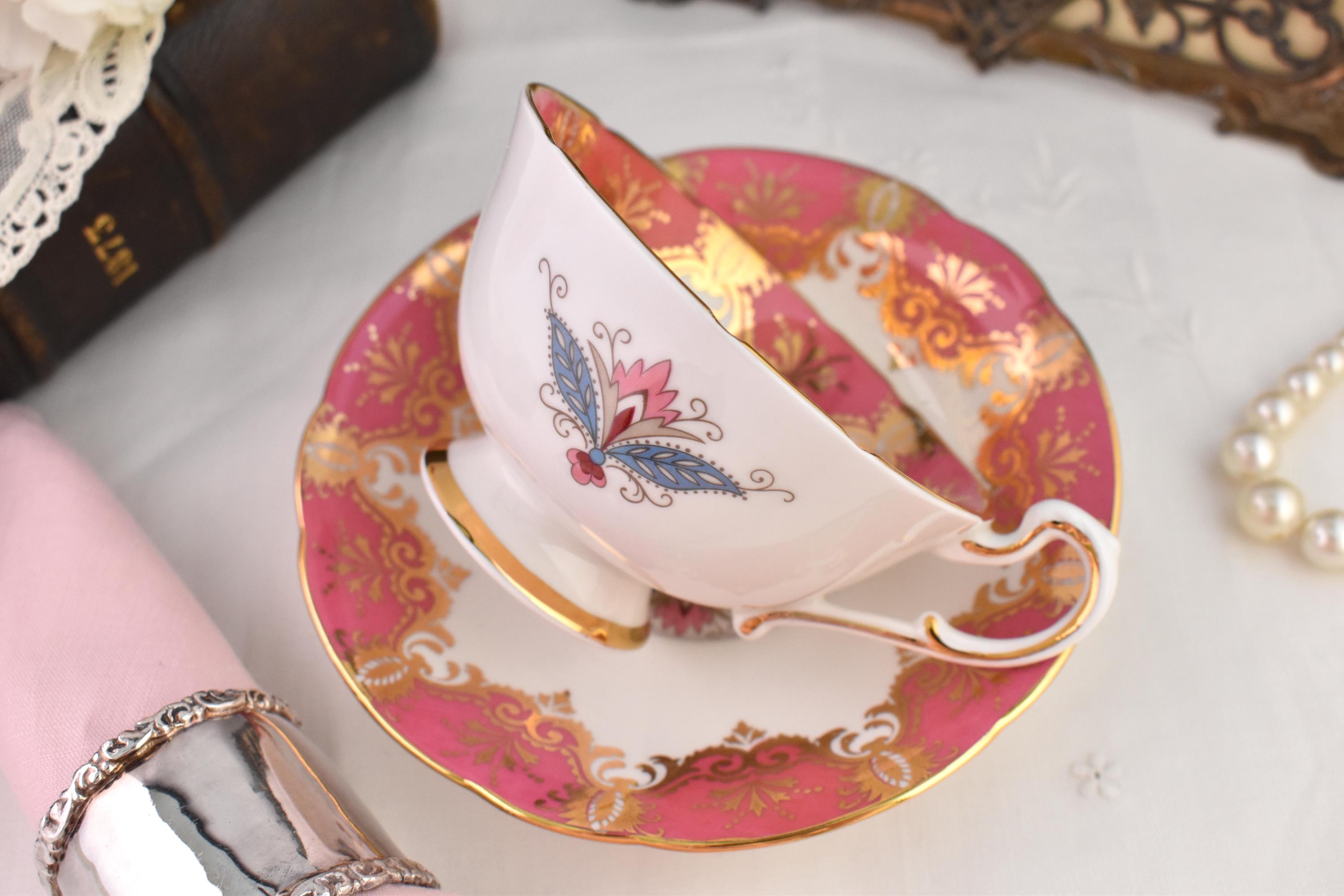 Vintage Paragon Tea Cup and Saucer - Pink and Blue Stylized Flowers - Etsy