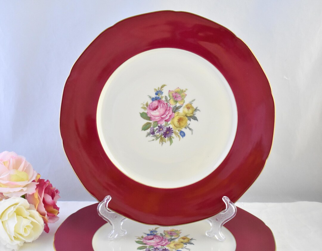 Pair of Czech Fad Cloverleaf Dinner Plates - Floral Vintage - Maroon ...