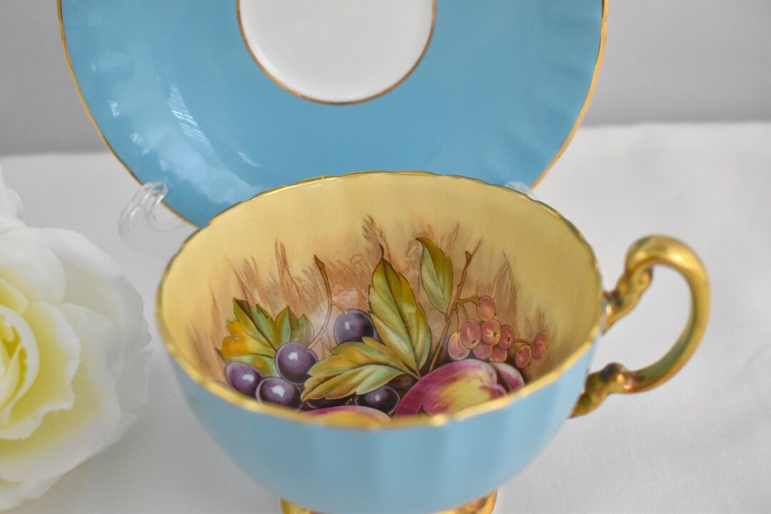 Aynsley Turquoise Melon Orchard Fruit Signed D Jones Tea Cup Duo - Etsy
