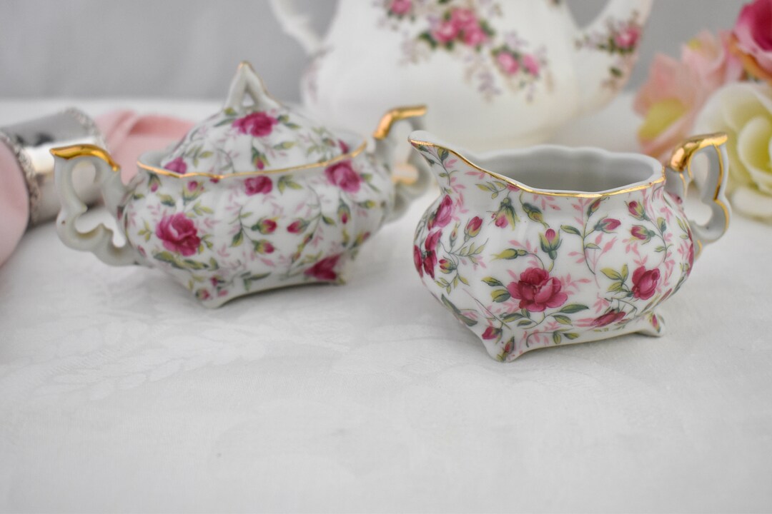 Lefton Rose Chintz Sugar and Creamer Set - Pink Roses and Rosebuds ...