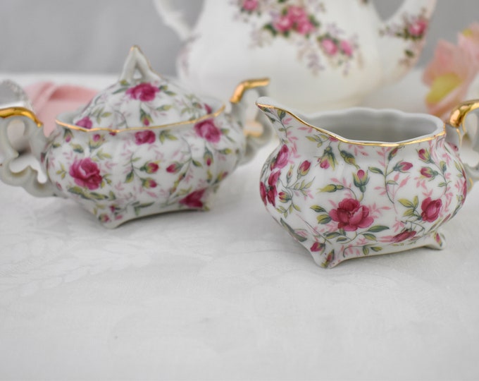 Lefton Rose Chintz Sugar and Creamer Set - Pink Roses and Rosebuds ...