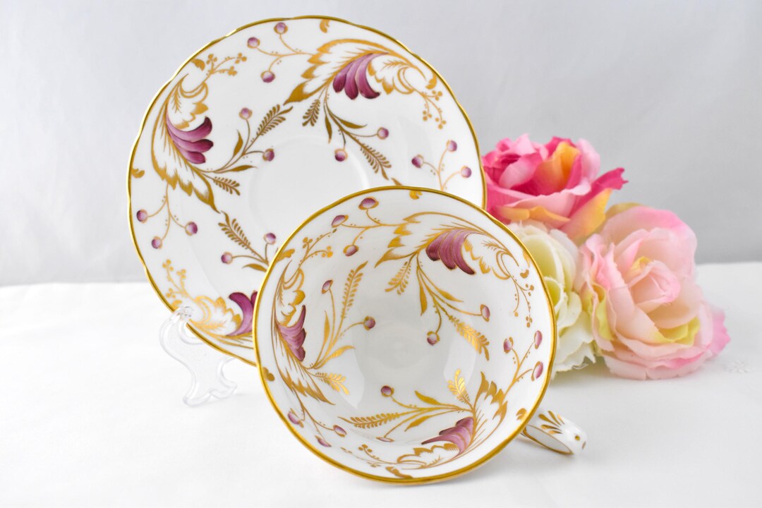 Vintage Grosvenor Merlin Tea Cup and Saucer - Gold and Wine Floral and ...