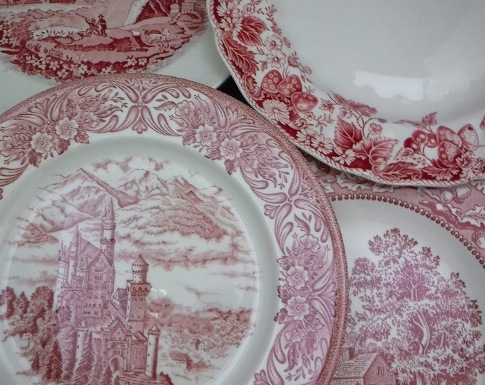 Set of 4 Dinner Plates - Red & White Vintage Transferware China Plates ...