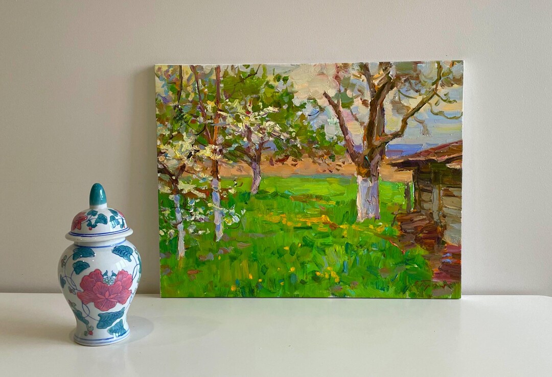 Original Oil Painting, Spring Garden, Apple Trees, Impressionism Art ...
