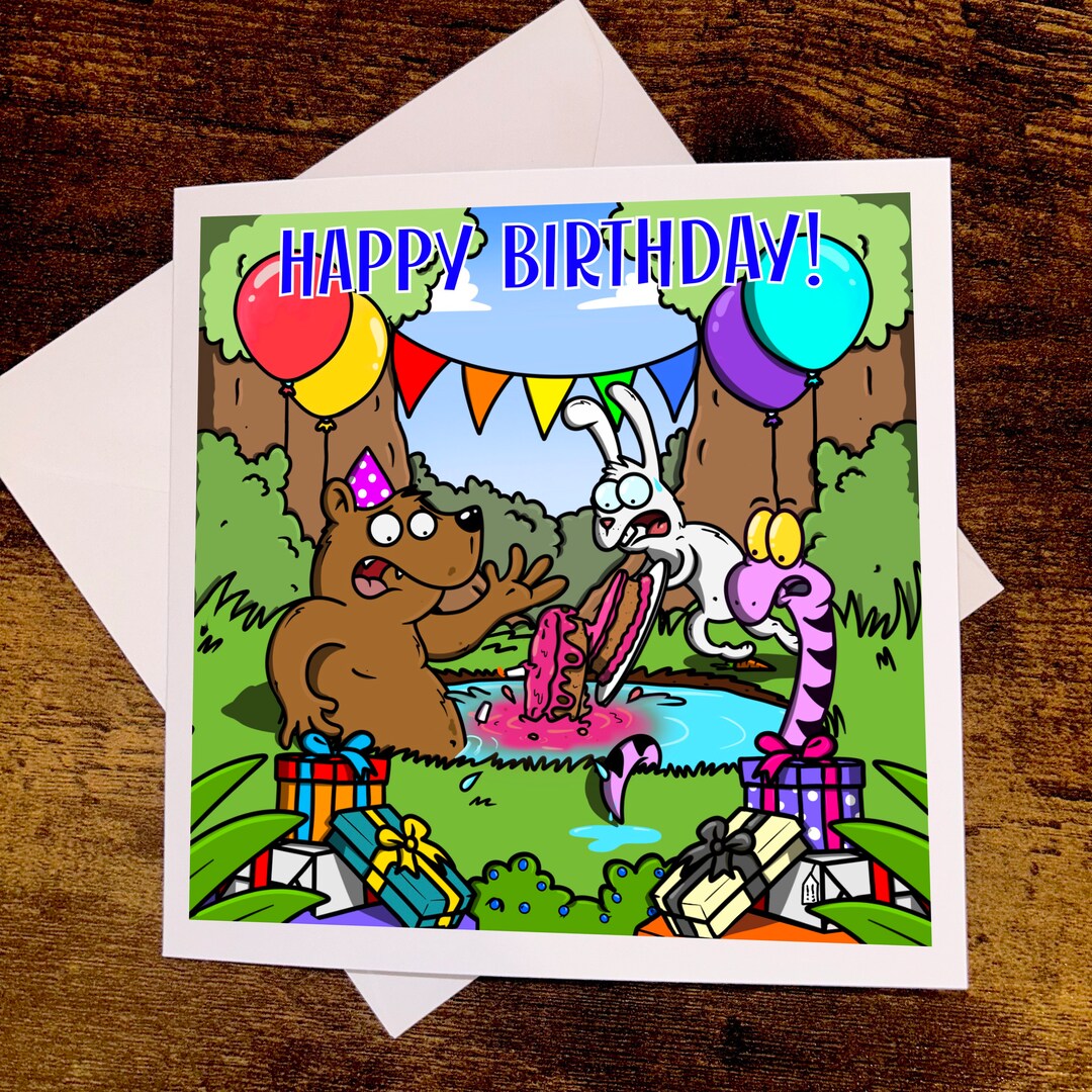 Funny Birthday Card Cartoon Birthday Cartoon Bear and Rabbit Greeting ...