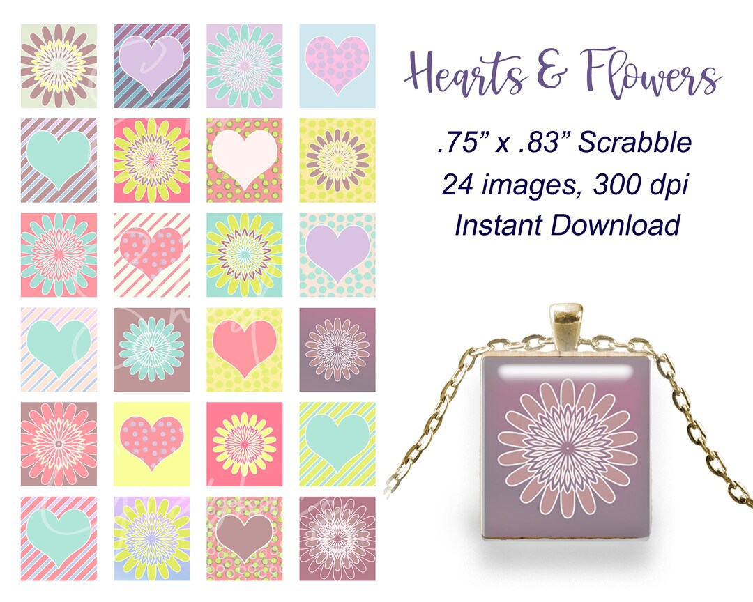 Hearts & Flowers, Instant Download, Scrabble Tile Images for Glass ...
