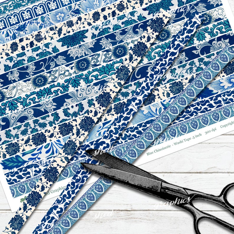 Vibrant Blue Chinoiserie - Printable Washi Tape, Journal Borders ...