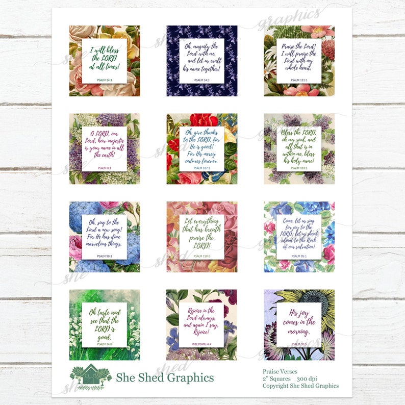 Praise Verses Printable | 2" Bible Squares | Floral Psalm Cards ...