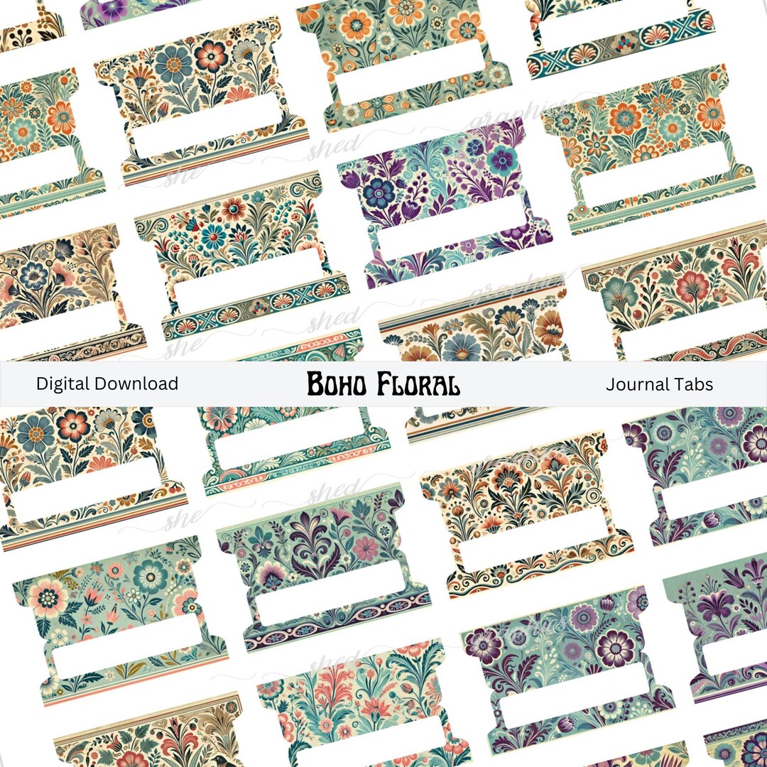 Boho Floral, Printable Journal Tabs, Instant Download, Collage Sheet ...