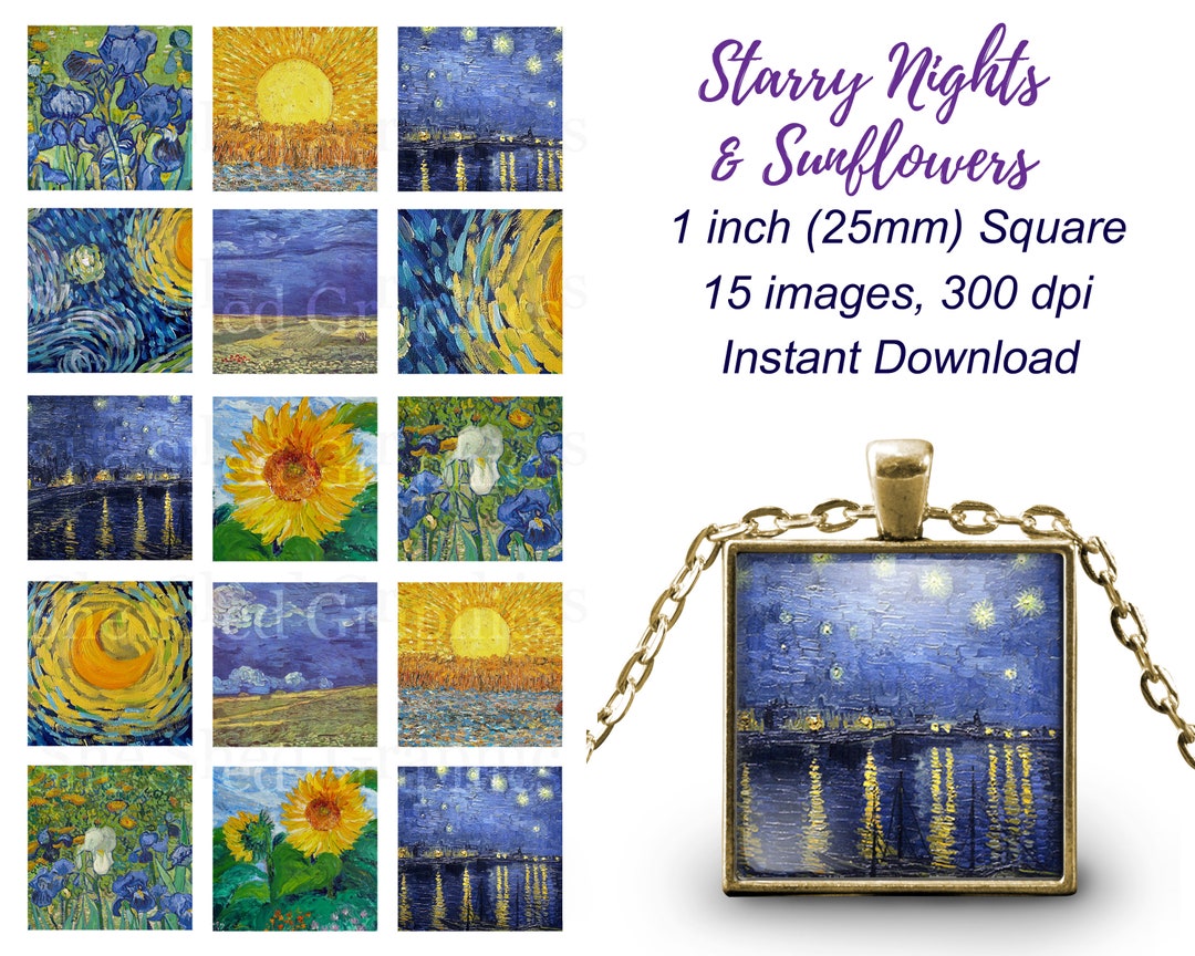 Starry Nights and Sunflowers, 1" Square Digital Images for Glass Bezel ...