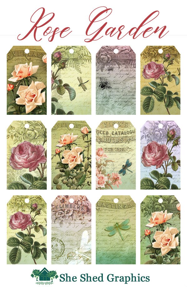 Rose Garden Printable Floral Tags 1.75 X 3 Roses, Bees and Dragonflies ...