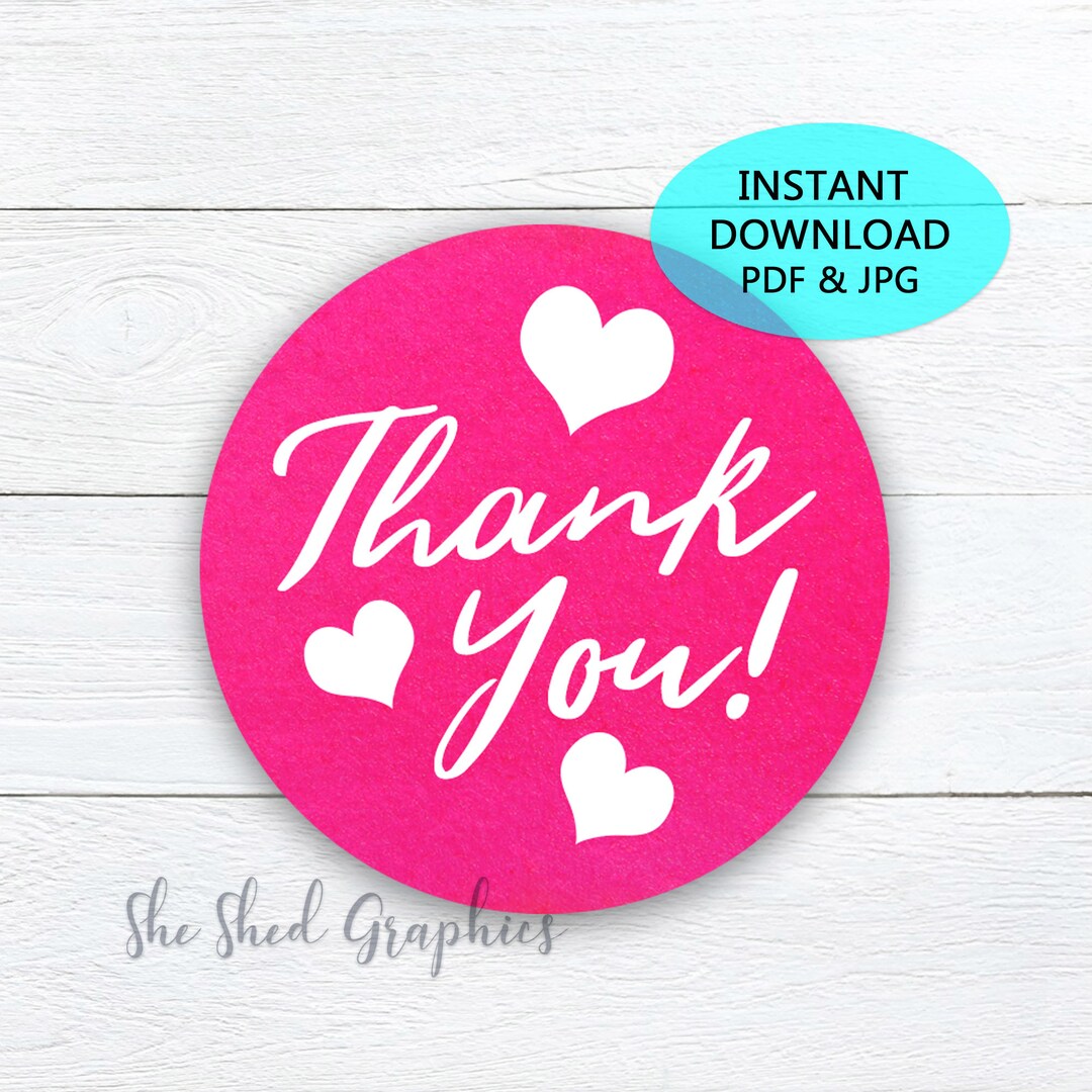 Thank You 2 Inch Printable Circle, Pink With Hearts, Printable Round ...