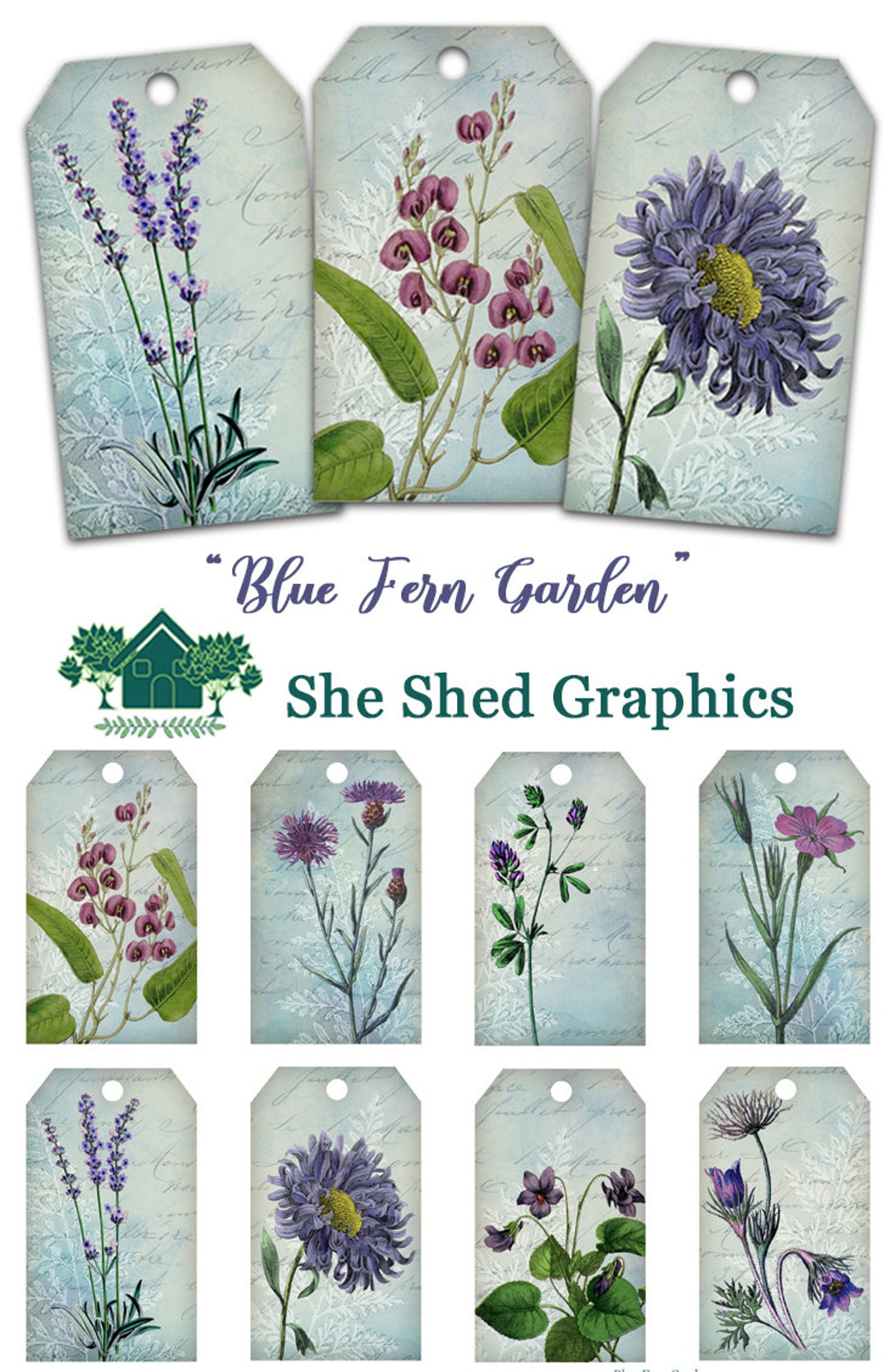 Blue Fern Garden, Printable Gift Tags, 2" X 3.5", Flower Images ...