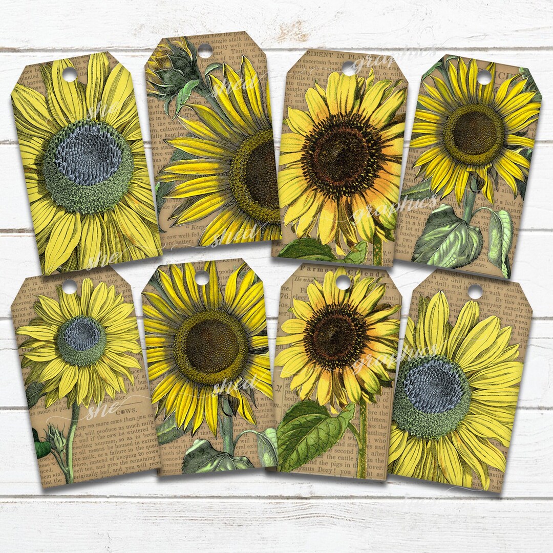 Vintage Sunflower Gift Tags: Printable Autumn Collage Sheet (digital ...