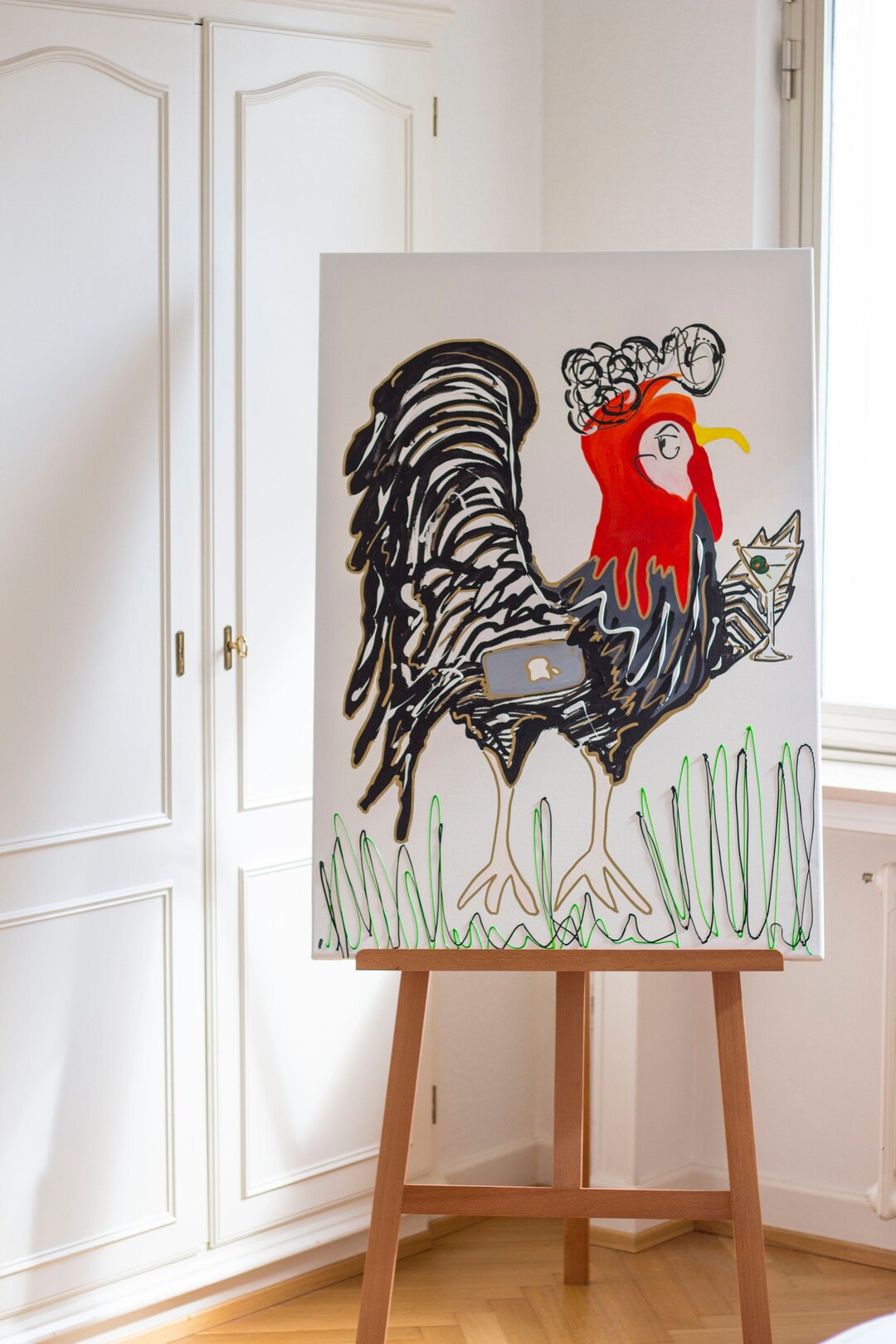 Martini Rooster Portrait – Contemporary Original Acrylic Painting on ...