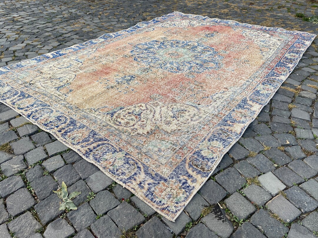 Blue Red Large Rug, Oriental Vintage Rug, Turkish Wool Rug, Bohemian ...