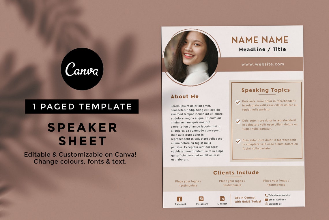 Speaker Sheet, Canva Template, Speaker Sheet Template, Speaker One ...