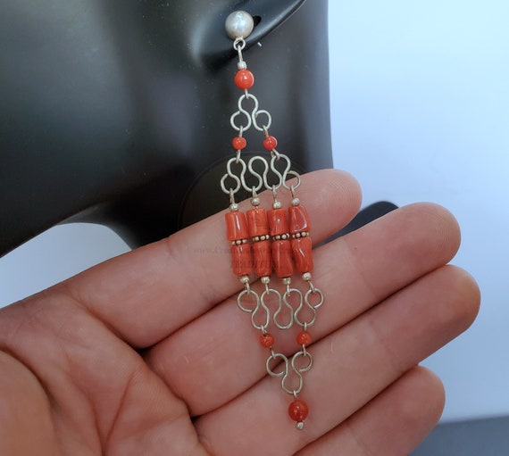 CroatianJewelryCraft Red Coral Chandelier Earrings Long Earrings Undyed Mediterranean Coral Statement Earrings Unique Artisan Earrings Silver Bridal Earrings
